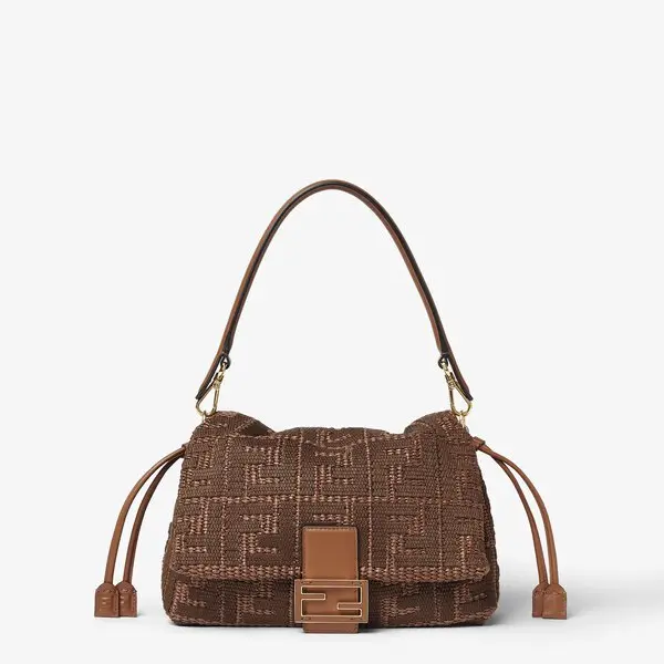Fendi Baguette® Soft Medium Sellier Brown Raffia-effect Material Woven Bag With Ff Embroidery